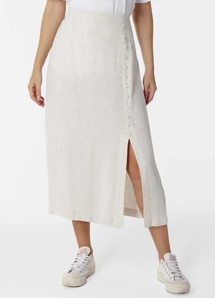 Saia de Linho Midi Bege com Fenda – SOB
